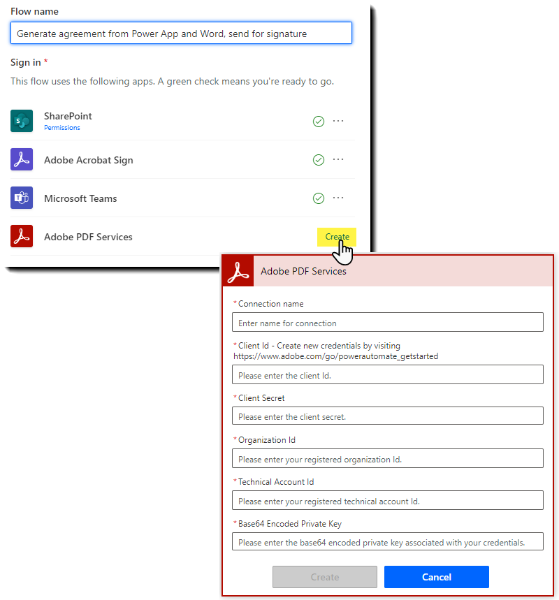 Generate doc from Power App form and Word template, send for signature
